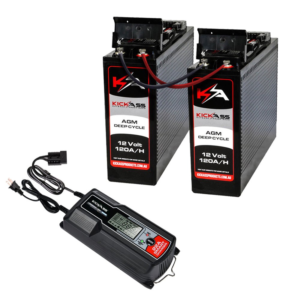 KICKASS 12V 120AH Slim Deep Cycle AGM Battery Twin Pack With Charger ...
